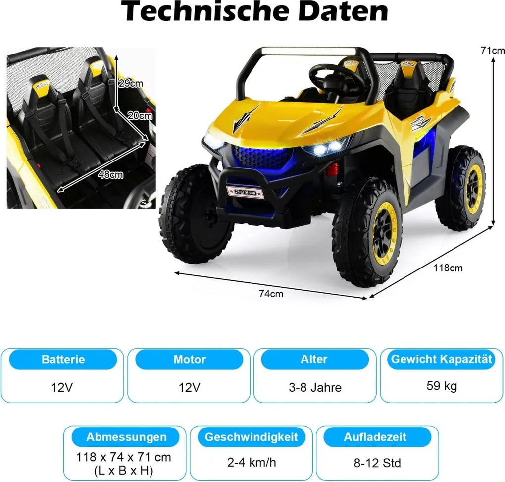 Costway 2místné 12V dětské auto s hudbou a světlomety 118 x 74 x