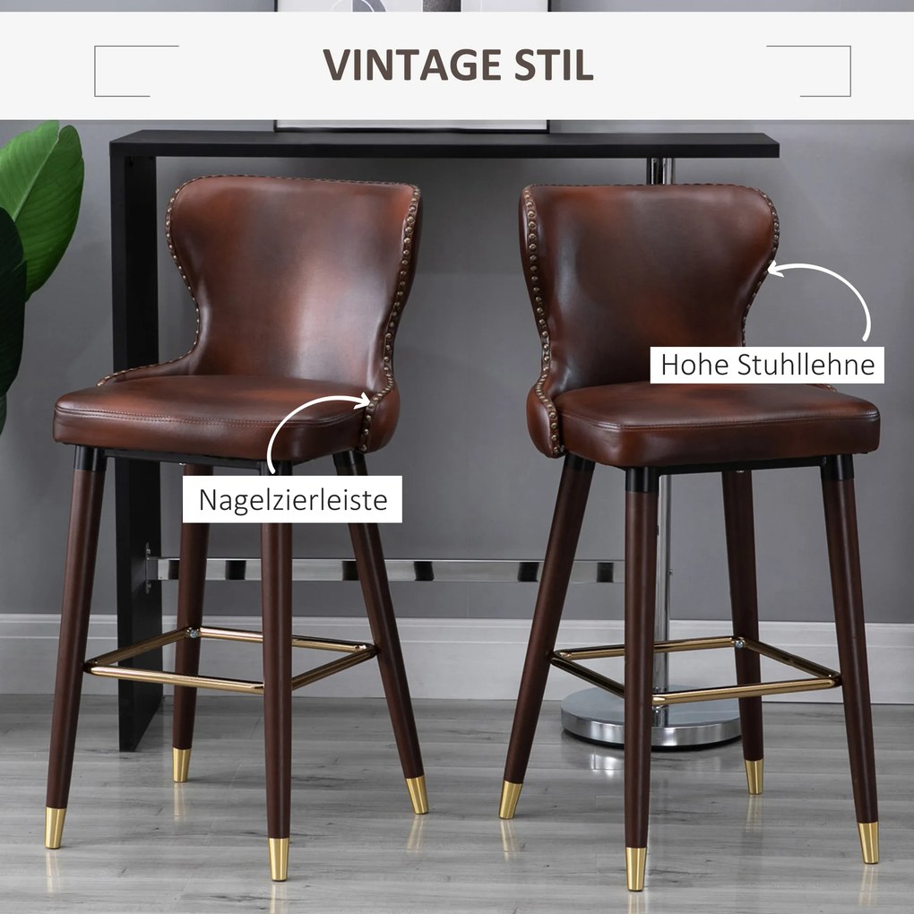 HOMCOM Barová židle sada 2 ks elegantní bistro židle s podnožkou a opěradlem, jídelní židle PU hnědá 52x53x101cm | Aosom.de
