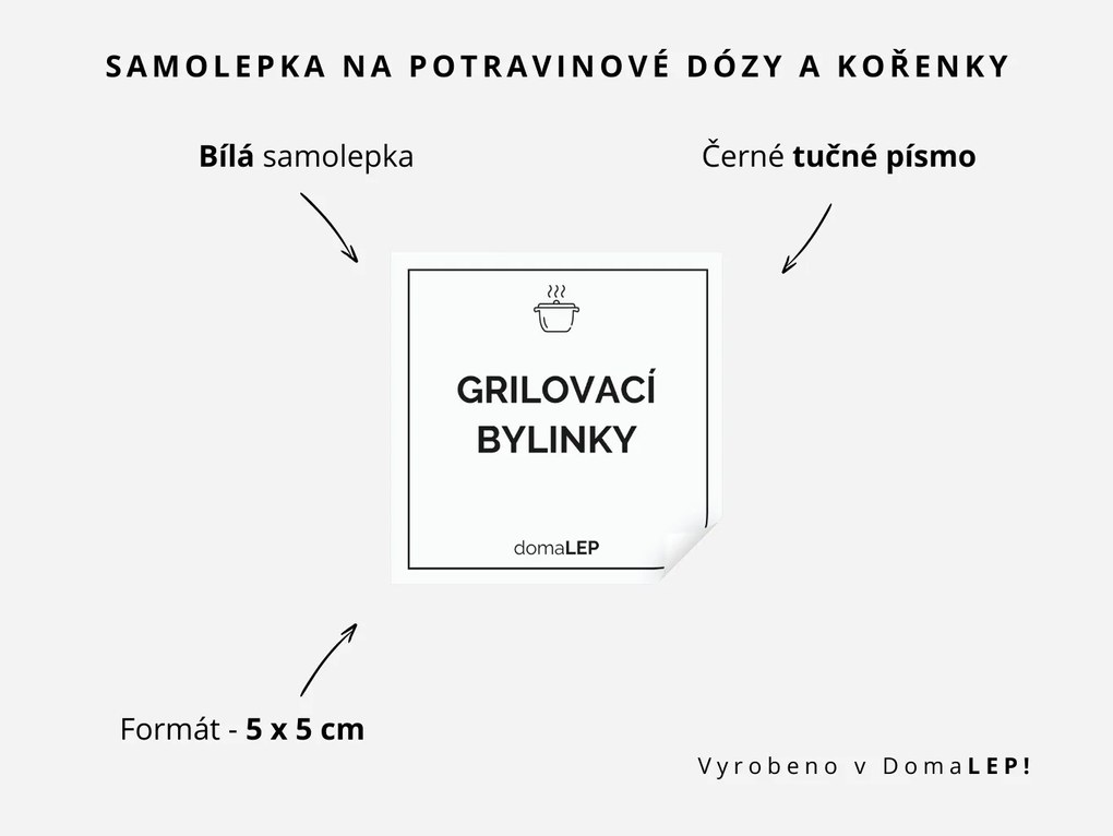 GRILOVACÍ BYLINKY - omyvatelná samolepka na kořenky, výběr rozměrů Ø 5 cm / 5 x 5 cm / 6 x 8 cm | DomaLEP tvar: KOLEČKO, barva: BÍLÁ - ČERNÉ písmo, velikost: Ø 5 cm - základní písmo