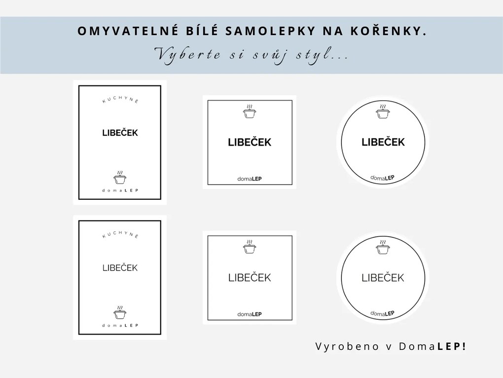 LIBEČEK - omyvatelná samolepka na kořenky, výběr rozměrů Ø 5 cm / 5 x 5 cm / 6 x 8 cm | DomaLEP tvar: KOLEČKO, barva: BÍLÁ - ČERNÉ písmo, velikost: Ø 5 cm - základní písmo