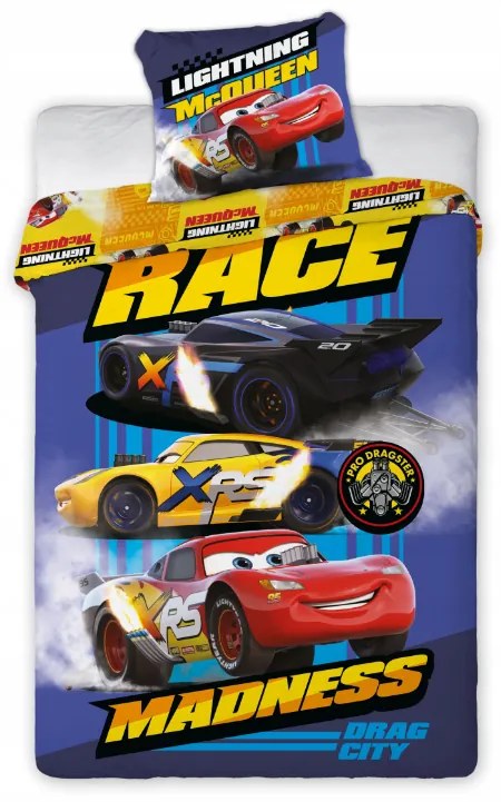 Textylia Dětské bavlněné licenční povlečení Disney Cars Race/ Auta / 140x200cm / 70x80cm modré