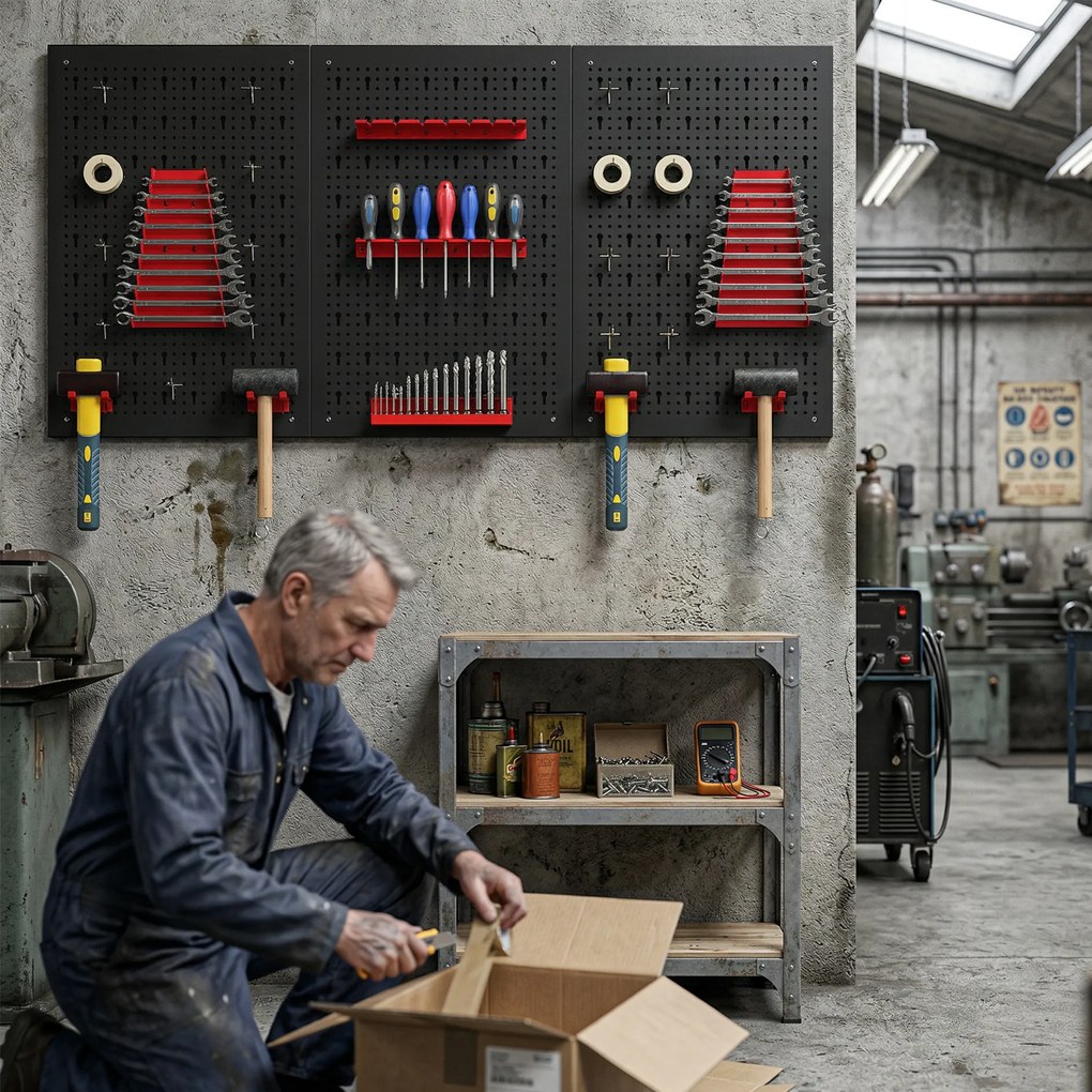 HOMCOM nástěnný pegboard 3×60 × 40 cm, 28dílný držák nářadí s háčky a přihrádkami, černá/červená