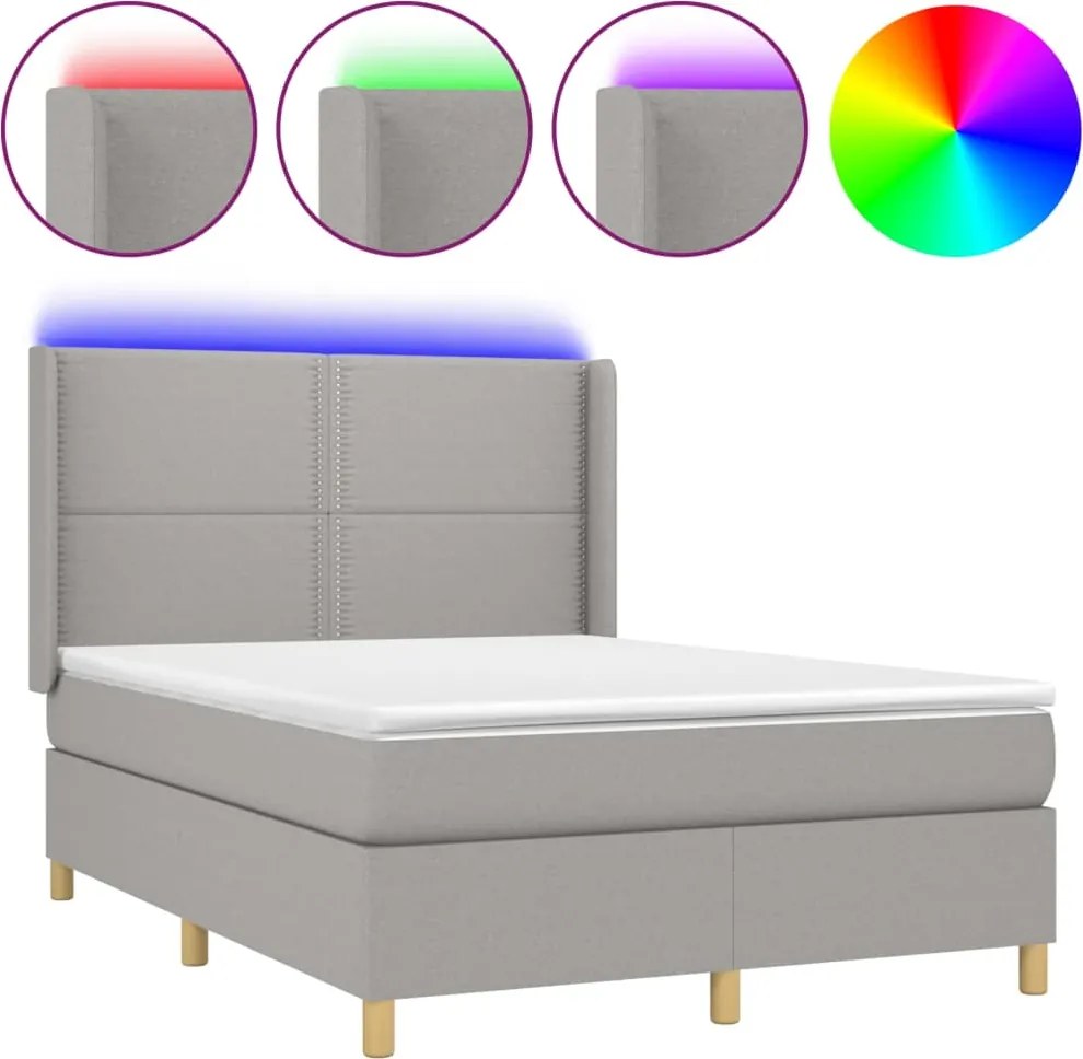 Box spring postel s matrací a LED světle šedá 140x200 cm textil 3138797