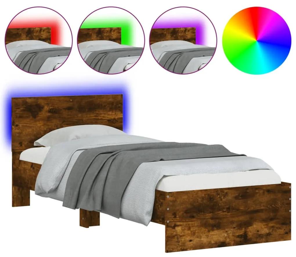 vidaXL Rám postele s čelem a LED osvětlením kouřový dub 90 x 190 cm