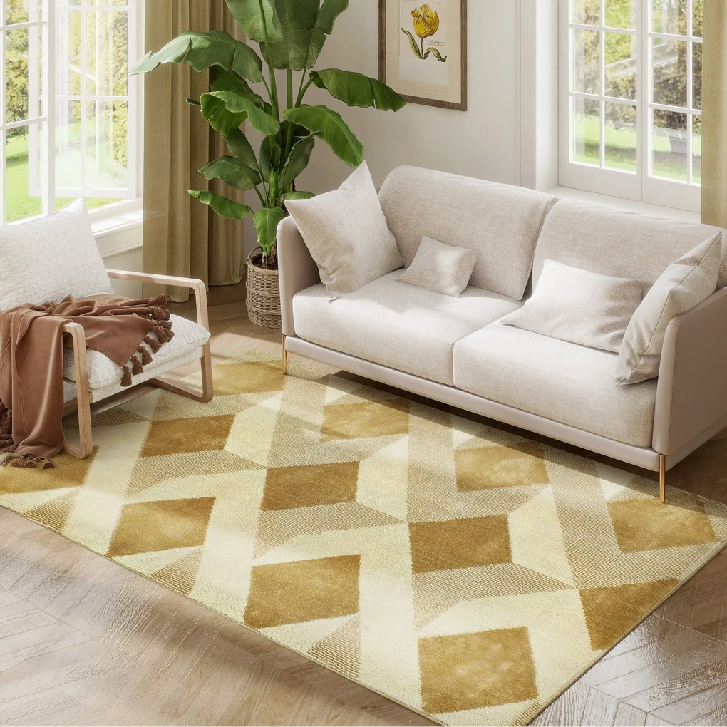 Koberec do obývacího pokoje HOMCOM 170x120 cm Pratelný koberec se krátkým vlasem s kostkovaným designem pro obývací pokoj, ložnici či jídelnu Krémová