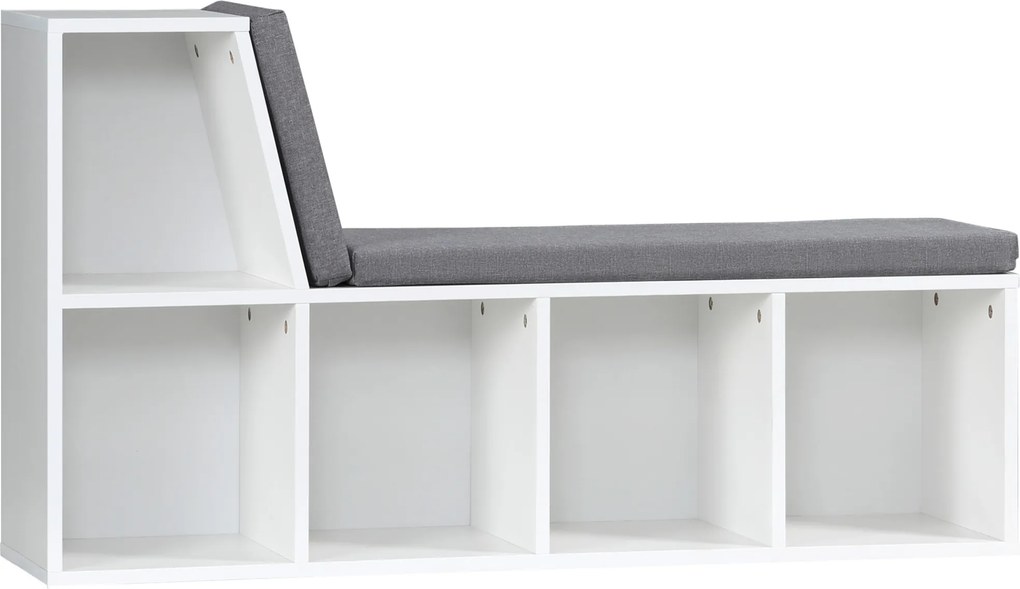 HOMCOM 2-in-1 úložná lavice s 5 přihrádkami a 2 polštářky, knihovna 108 x 30 x 60 cm, bílá šedá