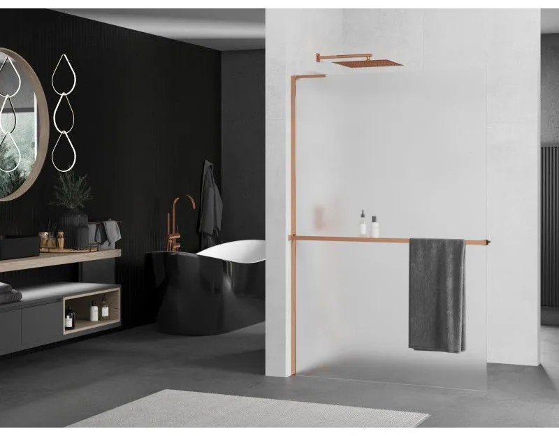 Mexen Kioto+ L, sprchová zástěna Walk-In s poličkou a věšákem 70 x 200 cm, 8mm sklo námraza, růžové zlato profil, 800-070-123-60-30