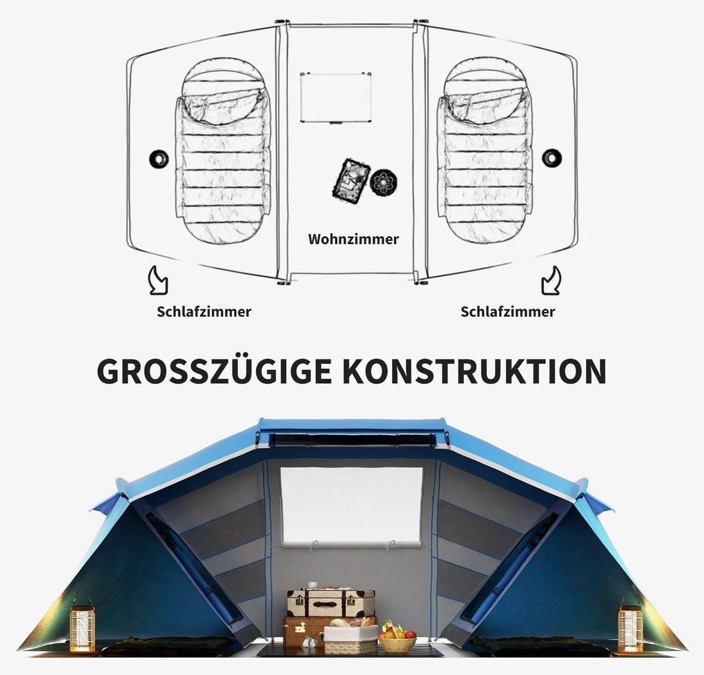 Outsunny kempinkový stan rodinný stan tunelový stan se 2 kabinami na spaní 4-6 osob modrý D430 x B240 x H170cm | Aosom