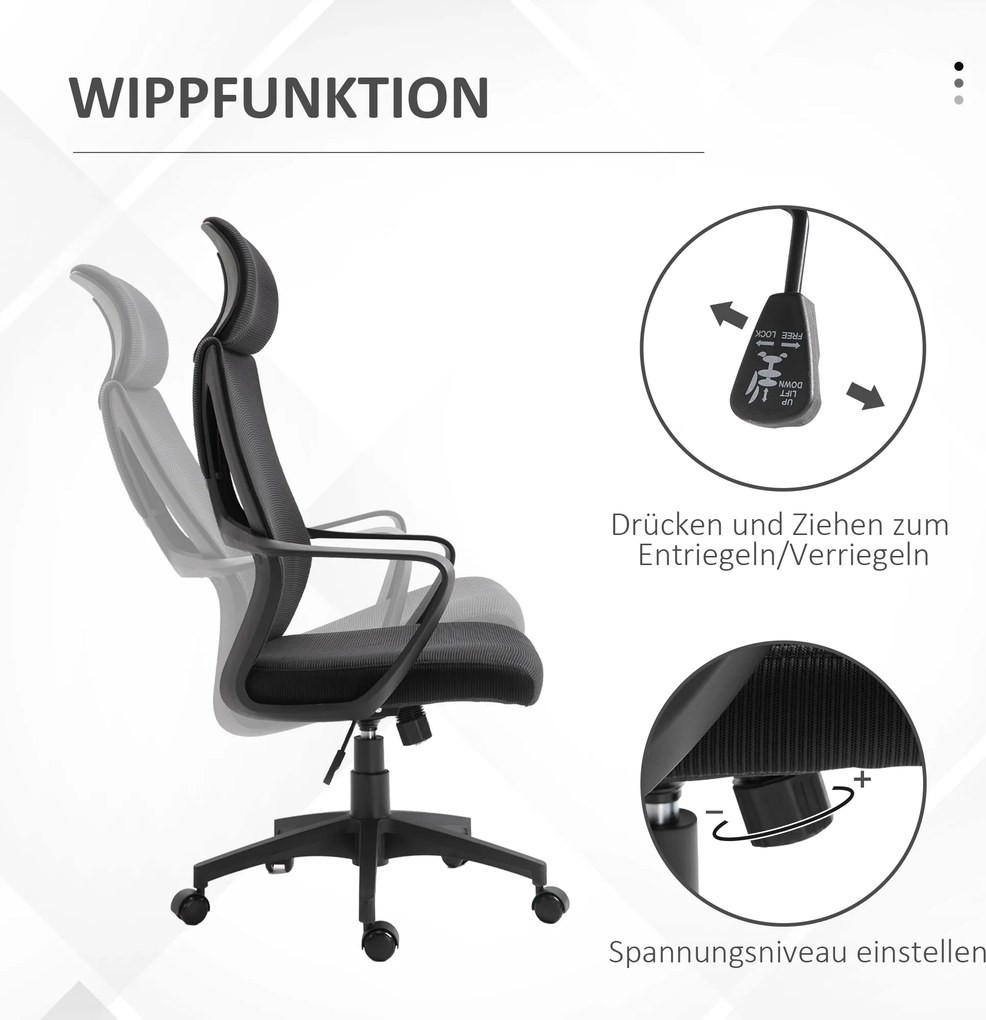 Vinsetto kancelářská židle s nastavitelným opěradlem, područkami, hlavovou opěrkou, kolečky a houpací funkcí, nosnost 120 kg, 64x55x116-126 cm, černá