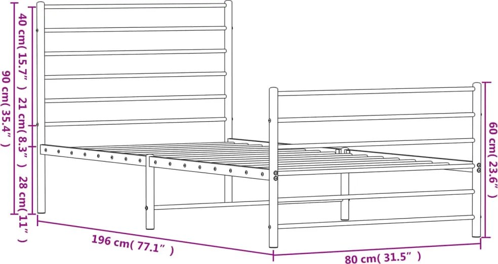 vidaXL Kovový rám postele s hlavovým a nožním čelem 75 x 190 cm [352327] Barva: Bílá