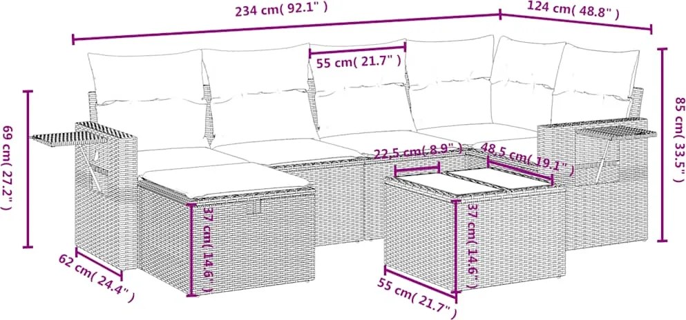 7dílná zahradní sedací souprava s poduškami černá polyratan 3263801