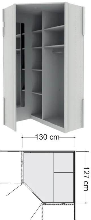 Rohová šatní skříň Luxor 130/127 cm, polární modřín, s osvětlením