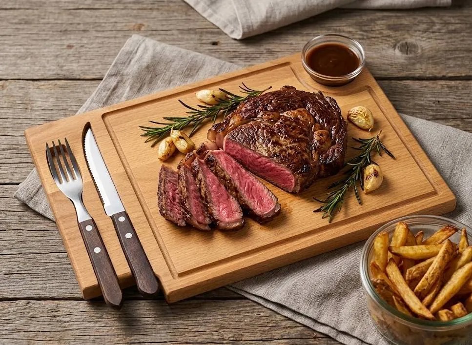 AMADEA Dřevěné prkénko na steak s příborem a skleněnou miskou, masivní dřevo, 36x23x2 cm