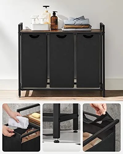 Koš na prádlo s policí BERGEN, 3x38l, černá/hnědá SongmicsHome