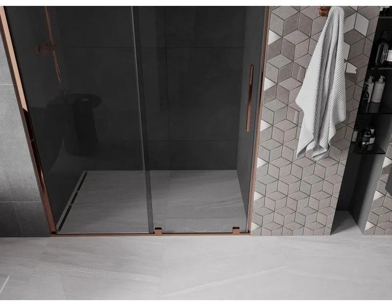 Mexen Velar, posuvné sprchové dveře do otvoru 130 cm, 8mm šedé sklo, růžové zlato, 871-130-000-41-60