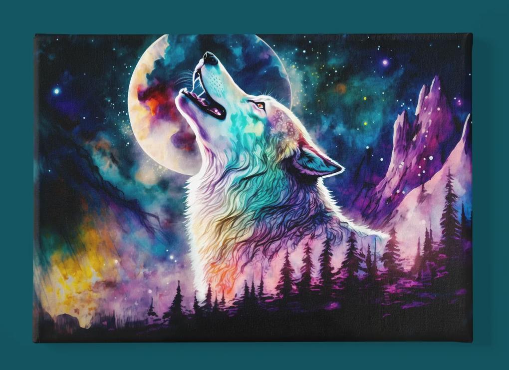 Obraz na plátně - Vlk vyjící na měsíc, barevný FeelHappy.cz Velikost obrazu: 180 x 120 cm