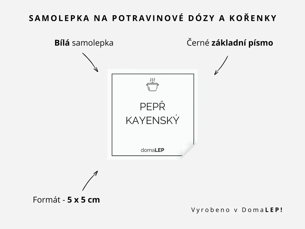 PEPŘ KAYENSKÝ - omyvatelná samolepka na kořenky, výběr rozměrů Ø 5 cm / 5 x 5 cm / 6 x 8 cm | DomaLEP tvar: KOLEČKO, barva: BÍLÁ - ČERNÉ písmo, velikost: Ø 5 cm - tučné písmo