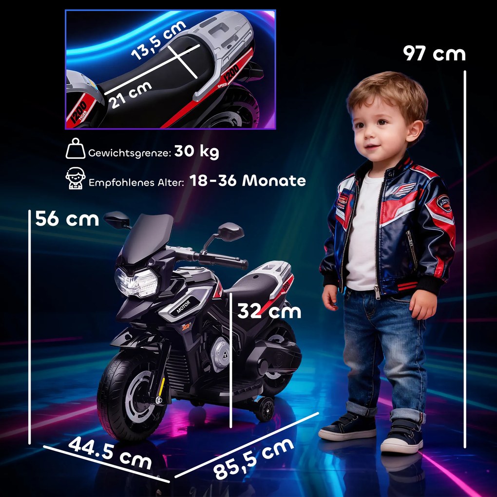 AIYAPLAY Elektrická motorka pro děti od 18-36 měsíců, sedací vozidlo, pomocná kolečka, světla, hudba, plast, kov, černá