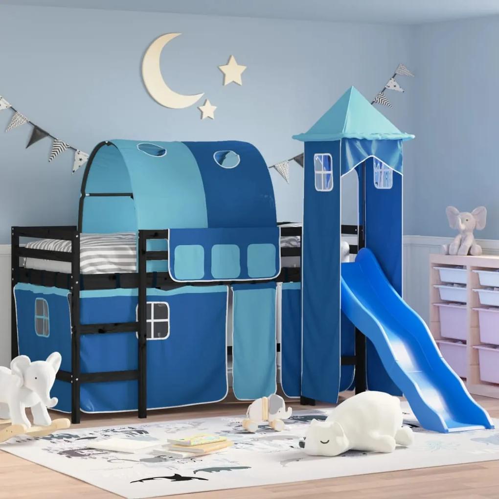 Dětská patrová postel s věží modrá 90 x 200 cm masiv borovice,  3207106