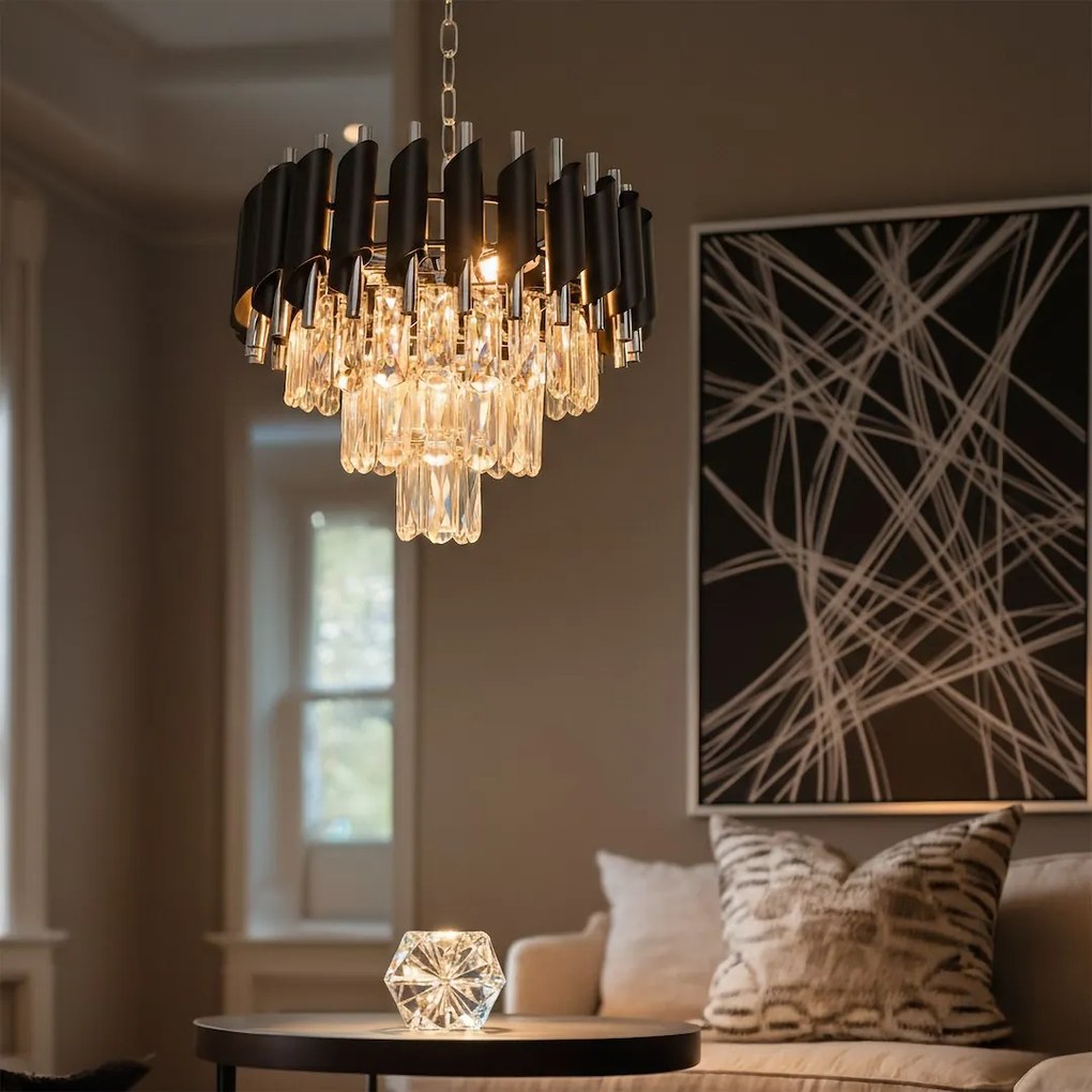 Lustr Cristal, 1x křišťálové/chromové/černé kovové stínítko, (fi 38cm), ch