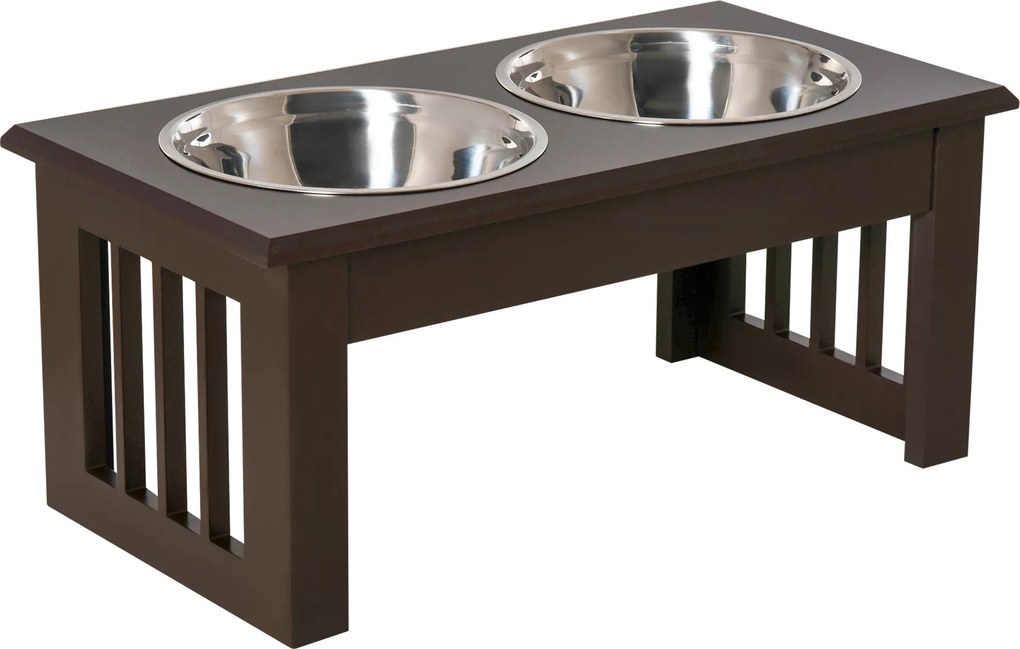PawHut sada misek pro psy 2 nerezové misky na krmivo, zvýšená miska pro kočky, MDF, snadná údržba, káva, 44x24x15cm| Aosom