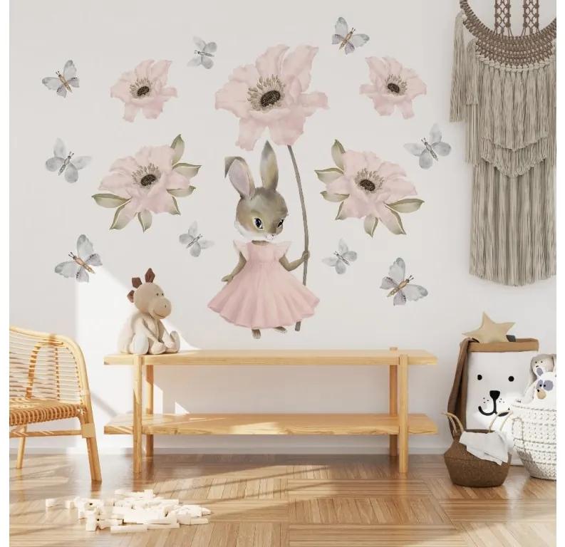 Gario Dětská nálepka na zeď Pastel bunnies - zajíček, květiny a motýly Rozměry: XL