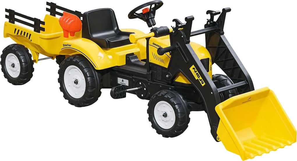 HOMCOM Pedálový Traktor s Přívěsem a Nastavitelným Lžicí Loaderem pro Děti od 3 Let Žlutý | Aosom