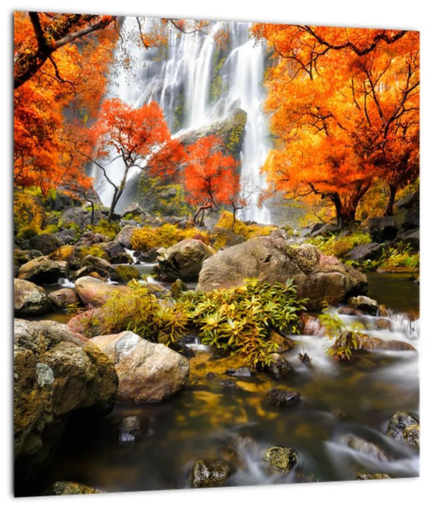 Obraz - Vodopády v oranžovém lese (30x30 cm)