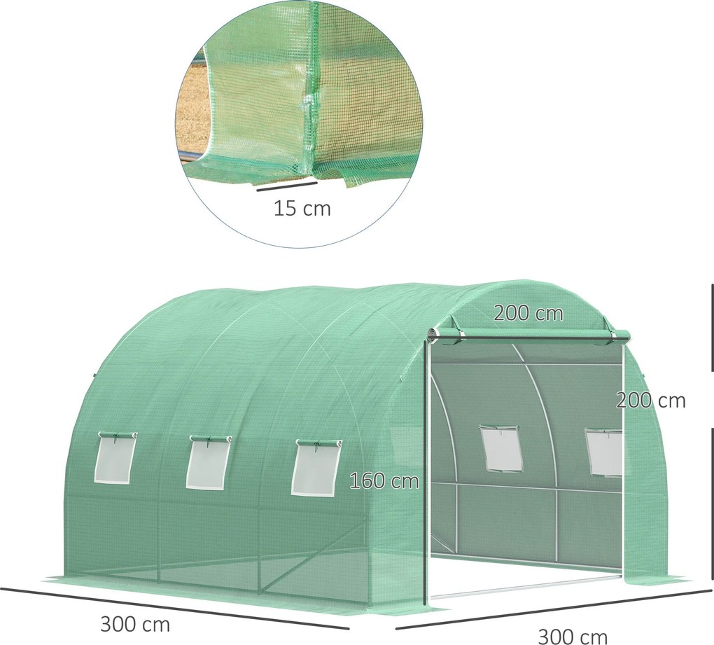 Zahradní skleník Outsunny 9 m², 3 x 2 m, tunelový skleník se zipovými dveřmi a 6 síťovými okny, ocelový rám a vysoce hustý PE, UV-odolný, zelený