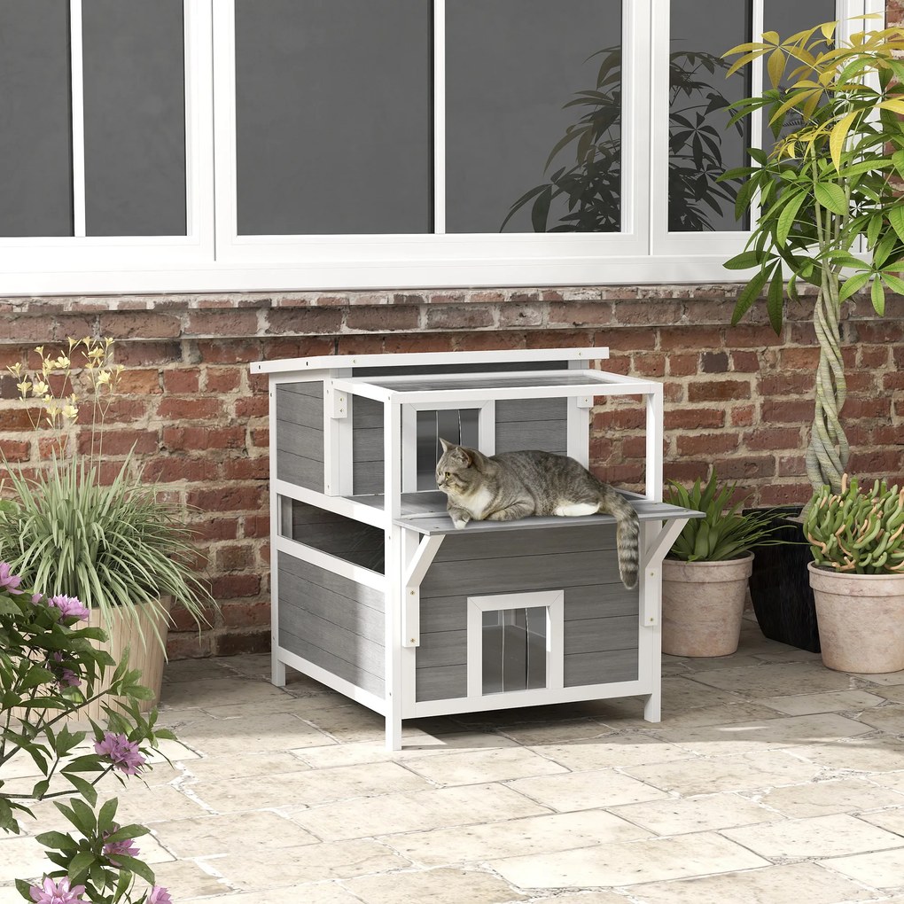 PawHut kočičí jeskyně, kočičí bouda z jedlového dřeva, kočičí domek s balkonem, vchody, pro kočky do 5 kg, venkovní, 64 x 87 x 76 cm, světle šedá