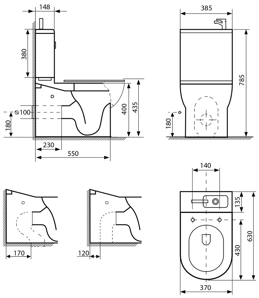 Aqualine JALTA HYGIE WC kombi 38,5 x 78,5 x 63 cm s umývátkem Rimless spodní/zadní odpad bílá PB103H