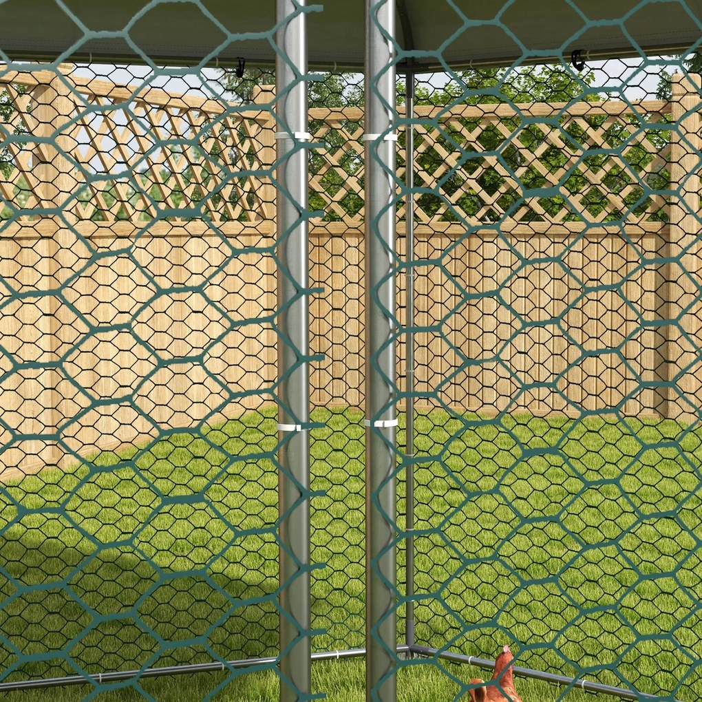 PawHut kurník 400 x 346 x 263 cm ocelový výběh pro volný chov, klec pro kuřata s krytem, dvířka, výběh pro 10-15 kuřat, malá zvířata, šedá | Aosom