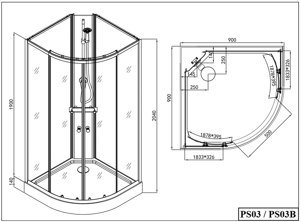 Sanotechnik - RIO 1 - sprchový box - čtvrtkruh bez střechy  - 90 x 90 x 204 cm