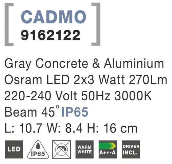 Svítidlo Nova Luce CADMO S WALL GREY 2 nástěnné, IP 65, 2x3 W