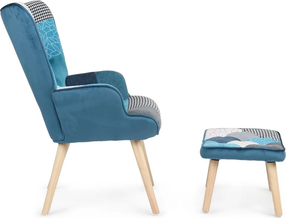 Relaxační křeslo ušák LISA + taburet — masiv, látka, modrý patchwork