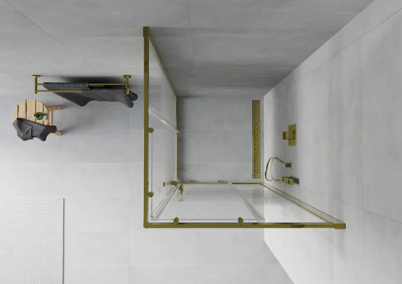 Mexen Rio, čtvercový sprchový kout s posuvnými dveřmi 80 (dveře) x 80 (dveře) x 190 cm, 5mm čiré sklo s pásky, zlatý profil, 860-080-080-50-20