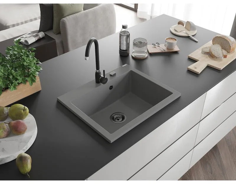 Mexen Elix, 1-komorový granitový dřez 600 x 500 mm, šedý, černý sifon - 6525601005-71-B