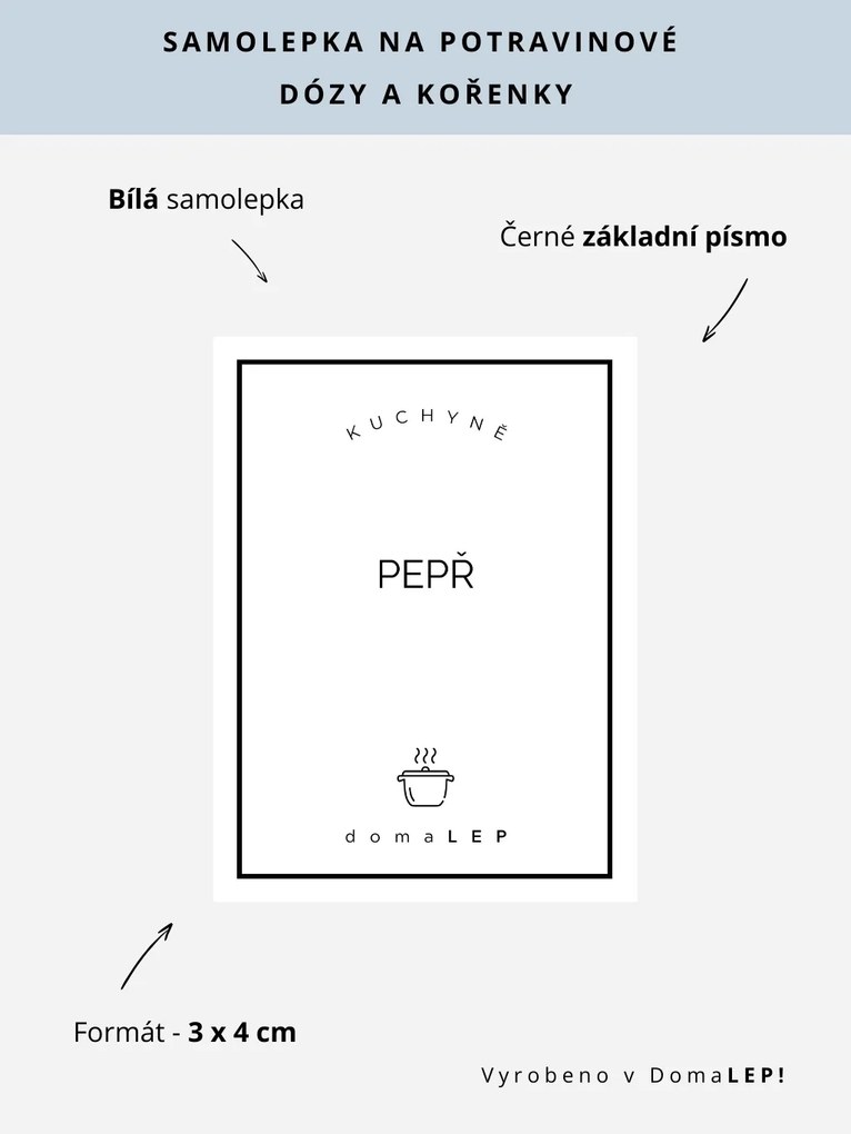 Samolepka na kořenky PEPŘ bílá 3 × 4 cm základní písmo