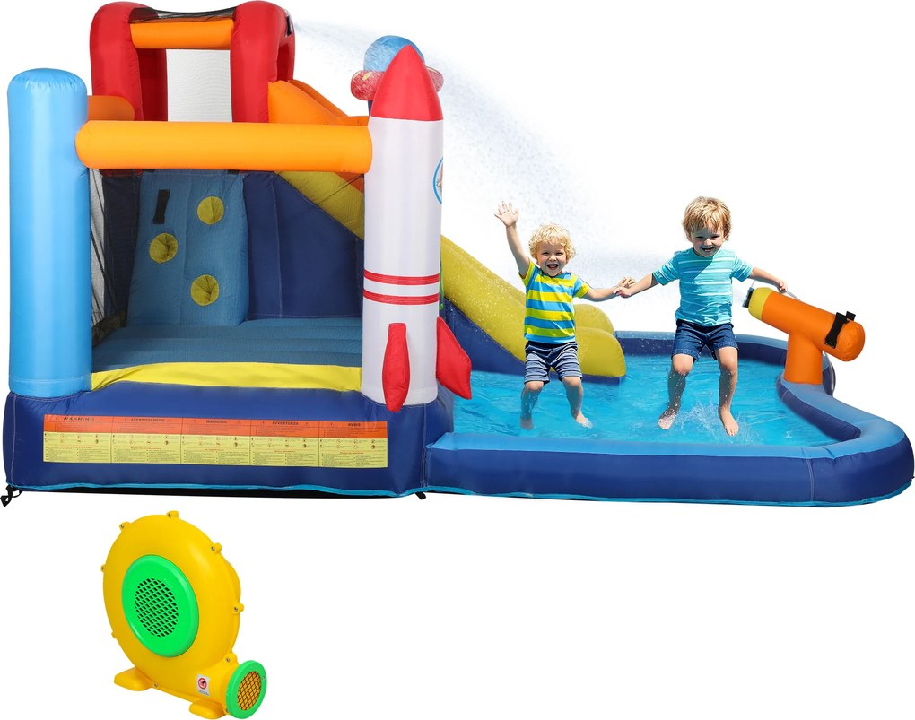 AIYAPLAY 5 v 1 skákací hrad s ventilátorem, rychle nafukovatelný, nosnost až 90 kg, pro děti 3-8 let, 3,6x2,5x1,95 m, vícebarevný