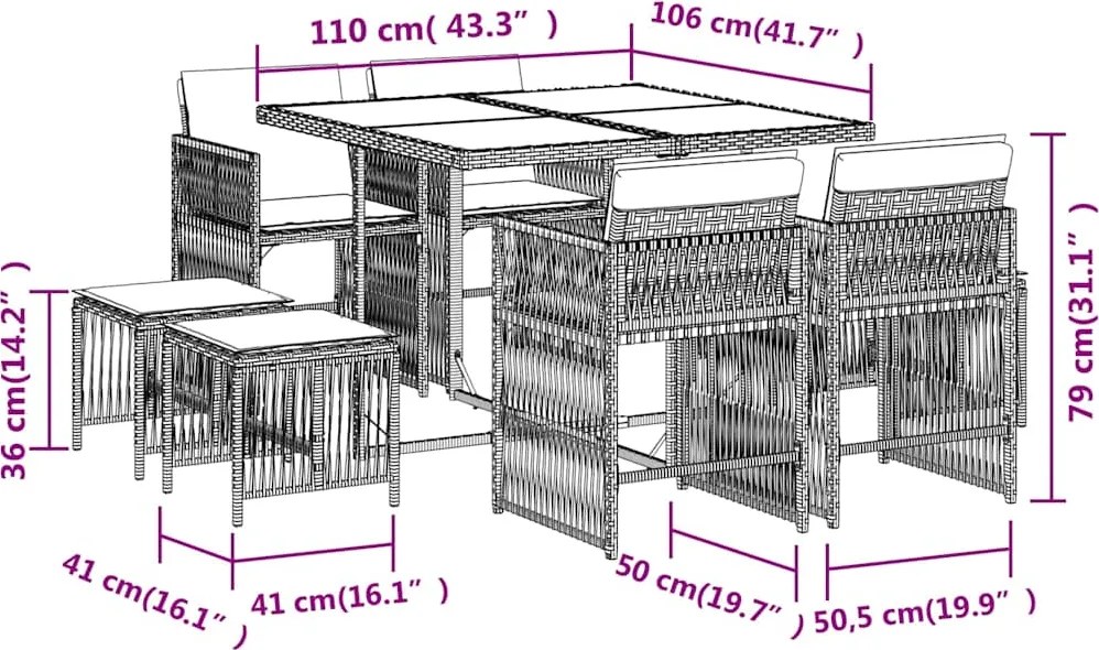 9dílný zahradní jídelní set s poduškami béžový polyratan 3211678