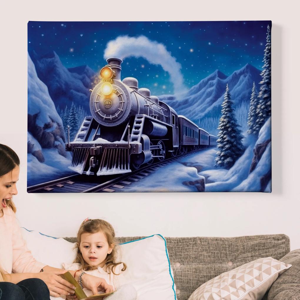 Obraz na plátně - Parní vlak projíždí zimní krajinou FeelHappy.cz Velikost obrazu: 180 x 120 cm