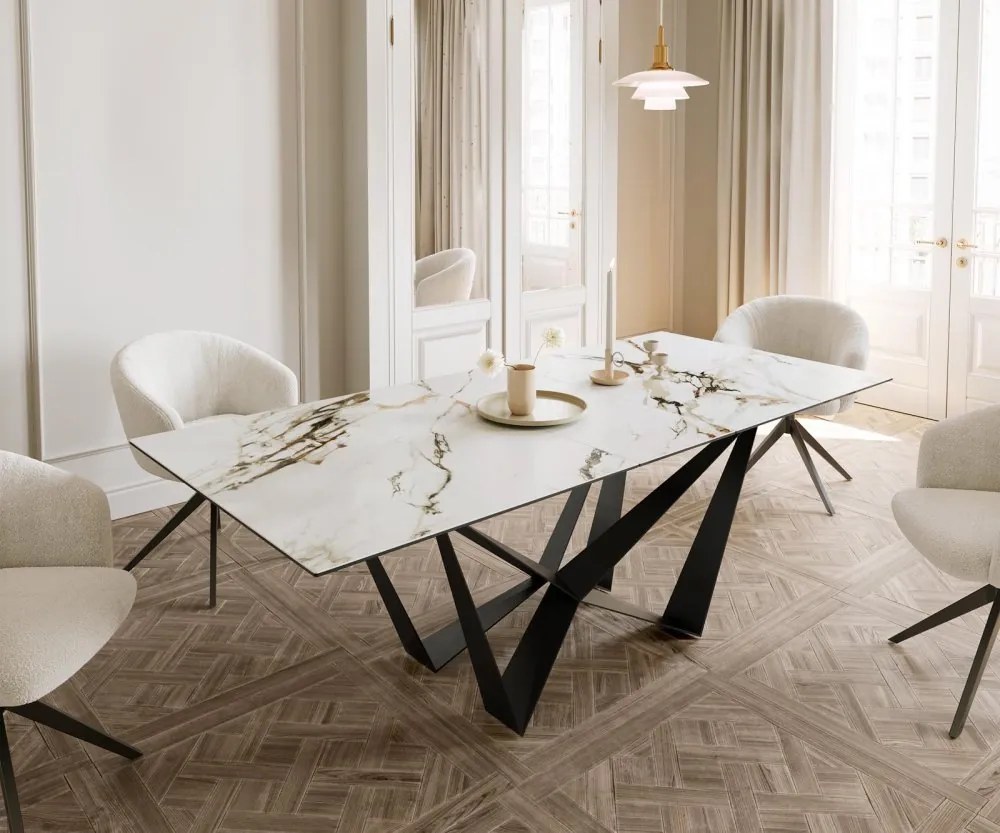 Jídelní stůl Edge 180-220x100 keramika Calacatta Luxe bílo-zlatošedá