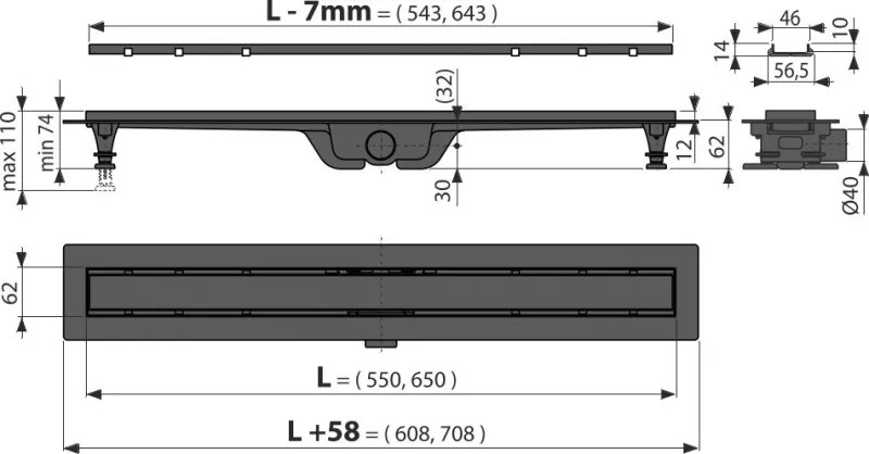 ALCA Podlahový žlab s okrajem pro oboustranný rošt, černá-mat APZ19BLACK-550