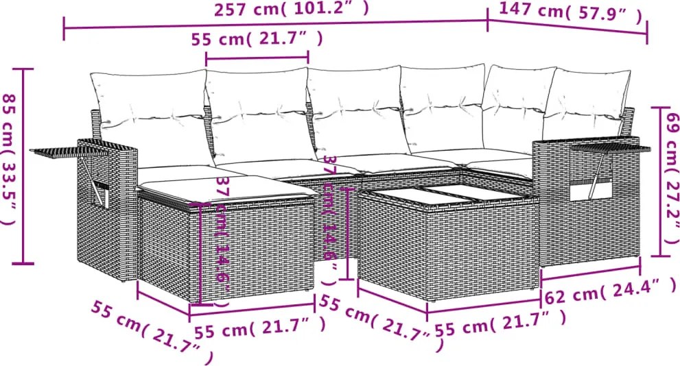 vidaXL 7dílná zahradní sedací souprava s poduškami polyratan [3220468] Barva: Šedá