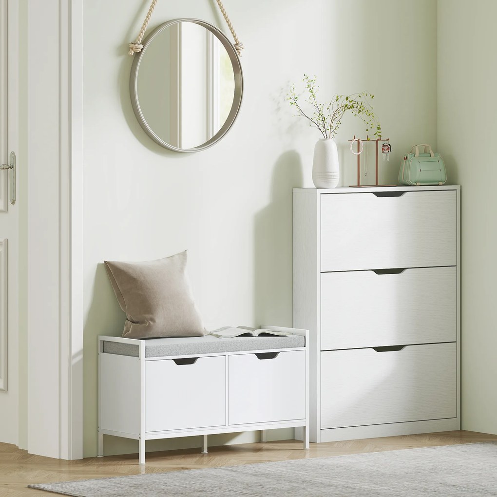 HOMCOM Skříň na boty se 3 dvířky, Botník, Skříň na obuv pro 9-12 párů bot 80 x 17 x 108 cm, Bílá