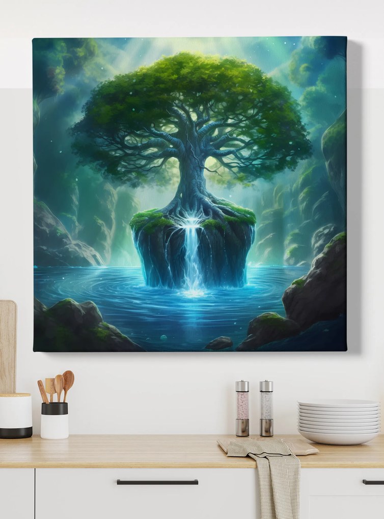 Obraz na plátně - Strom života s vodopádem FeelHappy.cz Velikost obrazu: 140 x 140 cm