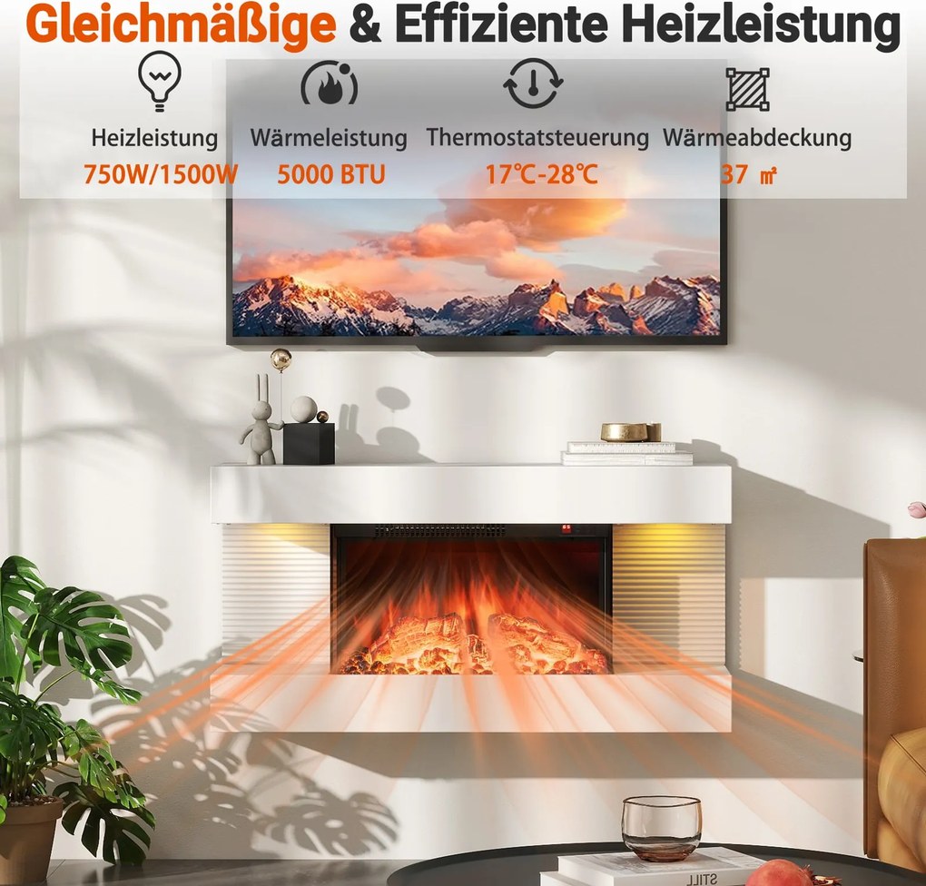 Costway Elektrický krb s topným tělesem a bočními LED světly Plovoucí nástěnný