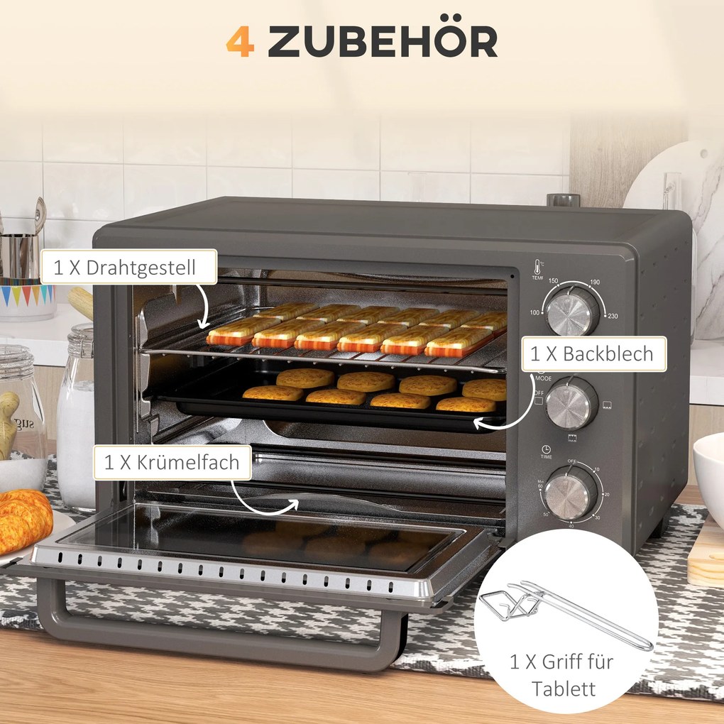 HOMCOM Mini trouba 21L 1400W 60 min. časovač, malá trouba s nastavitelnou dobou pečení 100 °C-230 °C, mini trouba s pečicím plechem, drátěný rošt, ne…