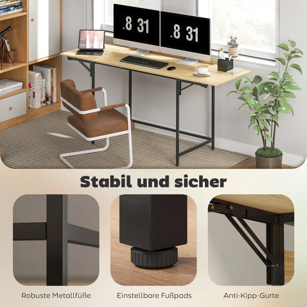 HOMCOM Sklápěcí počítačový stůl se 2 vysouvacími deskami, hodně místa pro monitory, kovové nohy, robustní konstrukce, dub+černá