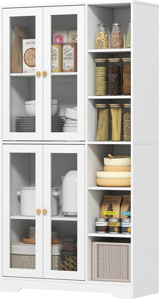 HOMCOM vysoký kuchyňský bufet, vitrínová skříňka se 4 dveřmi ze tvrzeného skla Soft-Close, 90x35x172 cm, bílá